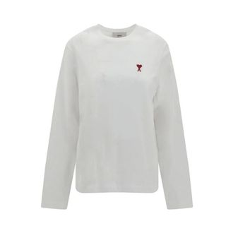 Ami Femme, Tops, Blanc, Taille: 42 FR Haut avec logo et col rond côtelé