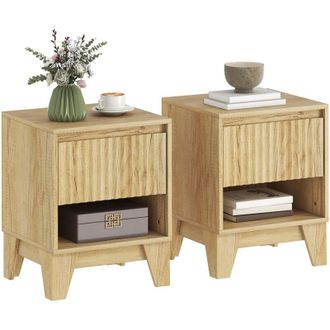 HOMCOM Lot de 2 tables de chevet - HOMCOM - compartiment ouvert et 1 tiroir - panneaux cannel&eacute;s - bois naturel