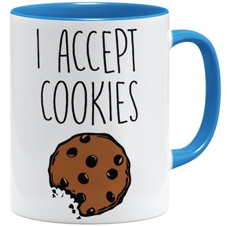 OM3 I Accept Cookies Statement Tasse mit Spruch - Keramik Becher - 11oz 325ml - Beidseitig Bedruckt - Hellblau