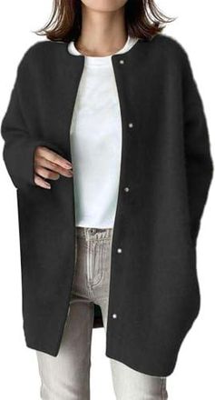 Generic Cardigan long en laine pour femme avec poches avant et revers chaud, Noir, XXL