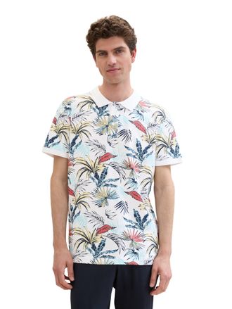 Tom Tailor Herren Basic Piqué Poloshirt mit Alloverprint, white tropical leaf design, XL