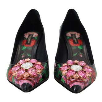Dolce & Gabbana Womens Rose-Print Leather Heel Black