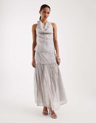 4th & Reckless Jupe longue densemble pliss&eacute;e &agrave; taille basse en mousseline imprim&eacute;e - Bleu