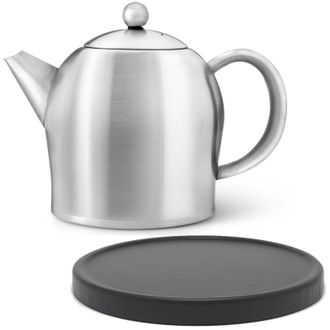 Bredemeijer gro&szlig;e matte doppelwandige Edelstahl Teekanne 1.0 Liter & Teebereiter ohne Filter & schwarzer Untersetzer aus Holz