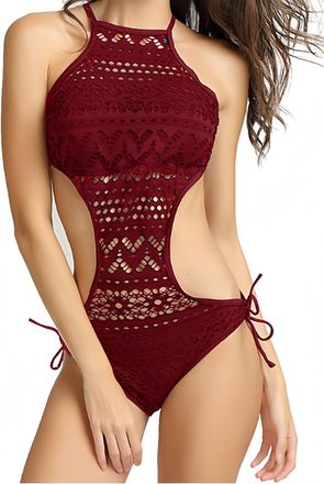Ocean Plus Damen Schwarz Hochgeschlossen Badeanzug Neckholder Spitze One Piece Cut Out Padded Monokini (XXL/40, Weinrot)