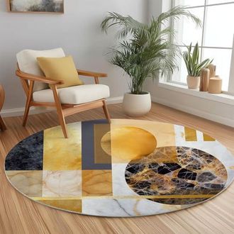 Generic 160 cm Jaune Tapis Rond Salon, Abstrait G&eacute;om&eacute;trie Cercle Imprim&eacute; Tapis de Sol Antid&eacute;rapant, Minimalist pour Chambre Cuisine Balcon Terrasse Salle &agrave; Ma