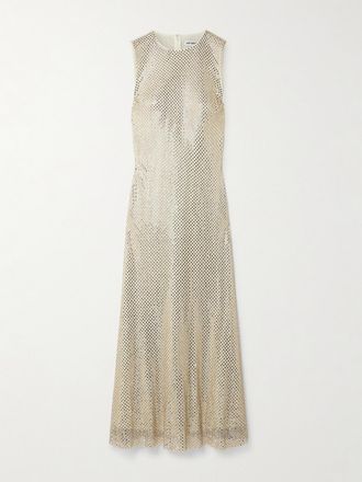 Self Portrait Robe Longue En Résille Stretch À Cristaux - Crème