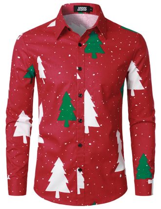 JOGAL Herren Funky Christmas Print Weihnachtsmann Hemd Langarm Button Up Freizeithemd X-Large Rot Baum
