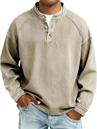 Generic Chemise Henley pour homme - T-shirt Vinatge - Grande taille - Col rond - Col rond - Manches longues - Tendance - Affaires - D&eacute;contract&eacute;, beige, 3XL