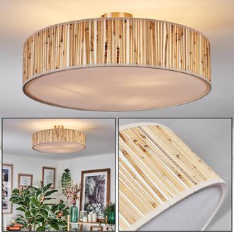 HOFSTEIN Deckenleuchte Foggia, Deckenlampe aus Metall/Bambus/Stoff/Kunststoff in Nickel-matt/Naturfarben/Weiß, runde Boho Leuchte (Ø 50 cm), E27, Esszimmer, Wo