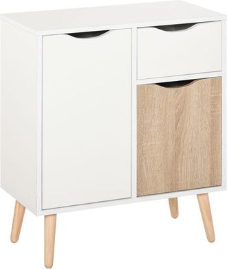 HOMCOM Homcom - Meuble de rangement design scandinave 2 placards tiroir coulissant pieds bois massif pin panneaux particules blanc ch&ecirc;ne clair