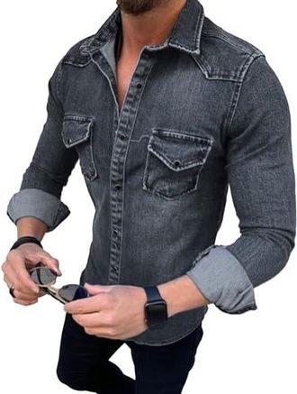 Generic Chemise en jean à boutons pression pour hommes, chemise en jean, manteau, chemise décontractée pour hommes, chemises en jean à manches longues, Noir, 