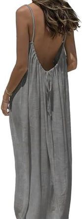 Generic Robe caraco dos nu de couleur unie pour femme, robe longue &agrave; bretelles spaghetti, robe d&eacute;t&eacute; longue avec noeud dans le dos, pour les vacances &agrave; la plag