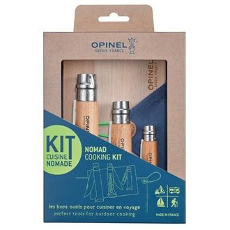 Opinel Kit Cuisine Nomade - Couteau Cranté + Tire-Bouchon Décapsuleur + Éplucheur + Planche à Découper + Serviette - Lame Acier Inox, Manche Bois de Hêtre