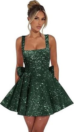 Generic Robes de soir&eacute;e courte &agrave; paillettes avec bretelles spaghetti et noeud &agrave; col carr&eacute; Mini robes de cocktail, vert &eacute;meraude, XS