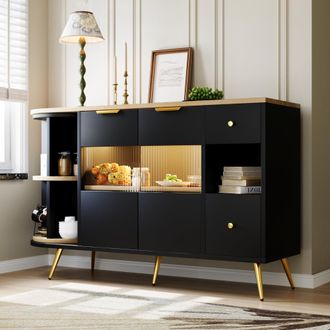 Generic Sideboard Esszimmer Wohnzimmer Aufbewahrungsschr&auml;nke mit Glasschiebet&uuml;ren und LED-Leuchten Holzanrichte Freistehende Schr&auml;nke Buffetschr&auml;nke K&uuml;chenm&ouml;b