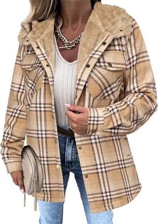 Onsoyours Veste à Carreaux Femme Hiver Polaire Manteau Carreaux Manches Longues Bouton Chaud Blouson Veste à Capuche A Kaki S