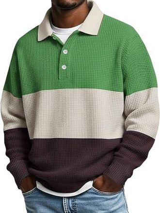 Generic Sweat-shirt &agrave; manches longues pour homme - Pull gaufr&eacute; - Haut - Automne - Hiver - Sans capuche - Col &agrave; revers - Polo - Coupe ample - Pull de travail a