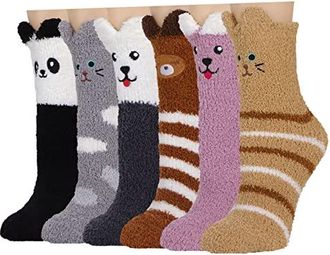 Generic Lot de 6 paires de chaussettes en peluche pour femme - Motif animal coloré - Chaussettes chaudes et pelucheuses - Confortables et épaisses - Antidérap