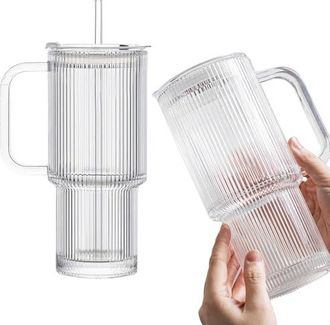 Generic Tasses &agrave; caf&eacute; en verre avec couvercles et paille - Gobelet r&eacute;utilisable avec poign&eacute;e - Bouteille pour cuisine, salle &agrave; manger, bar - Pour restaurant, 
