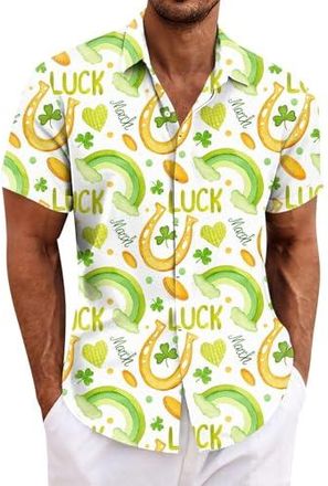 Generic Chemise de la St Patrick pour homme, t-shirt hawa&iuml;en irlandais avec tr&egrave;fle porte-bonheur, chemisier &agrave; boutons &agrave; manches courtes, haut ample d&eacute;contract