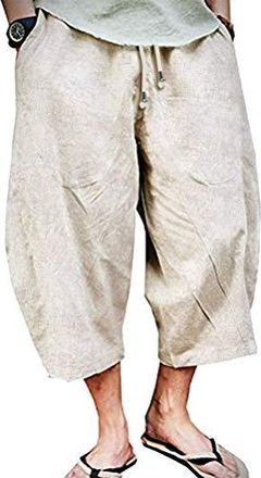 Minetom Homme Été Pantalon en Lin Lâche Capri Shorts Bermudas 3/4 Pantacourt Oversize Baggy Elastique Solide Confortable Respirant Cargo Pants Large Sarouel C
