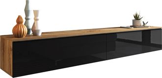 Mirjan24 TV Lowboard Stone, TV Schrank, Fernsehschrank, Grifflose Öffnen, Hängeschrank Hochglanz Matt Wohnwand (Wotan/Schwarz Hochglanz, Modell: 180 / ohne LED