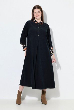 Ulla Popken Midikleid Cord-Maxikleid Rundhals Zierfalte 3/4-Arm Taschen