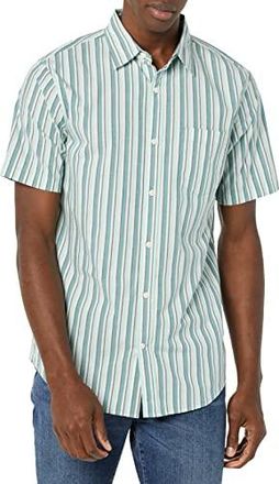 Amazon Essentials Chemise en Popeline à Manches Courtes Coupe Ajustée Homme, Bleu des Mers du Sud Blanc Rayures Verticales, XXL