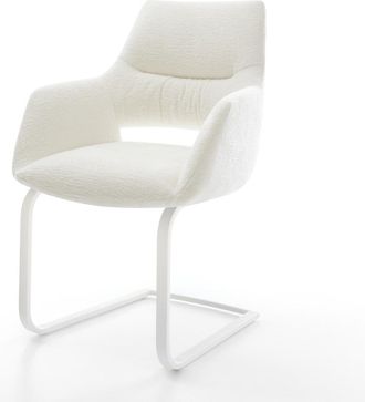 DELIFE Freischwinger Yago-Flex mit Armlehnen Boucl&eacute; Soft Beige Freischwinger flach Wei&szlig; Taschenfederkern, Esszimmerst&uuml;hle