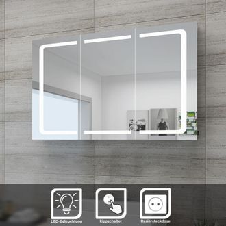 Sonni Led Spiegelschrank Badezimmerspiegel mit Beleuchtung 3-türig Badschrank mit Steckdose 105x65cm (Kippschalter) - Sonni