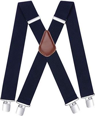 Hisdern Bretelles pour hommes bleu marin avec de tres fortes 4 clips bretelle homme Heavy Duty X Suspenders style reglable bretelle