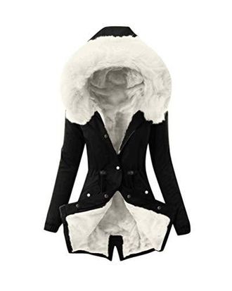 Minetom Printemps Hiver Manteau Long Femmes Chaud Veste Col Capuche Fourrure Fausse Manteaux Chaud Slim Blouson Manteaux Vintage Sweats C Noir Blanc L