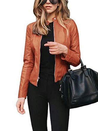 ORANDESIGNE Veste De Motard Ultra-Elegante En Cuir Pu Super Doux Femmes Biker Court Blousons Slim Moto Style Manteau Orange, 42