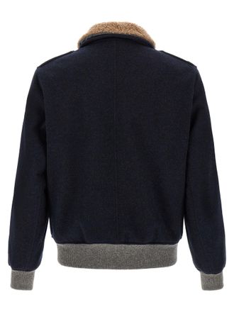 Brunello Cucinelli Cashmere with Shearling Collar Bomber Jacket - Blue