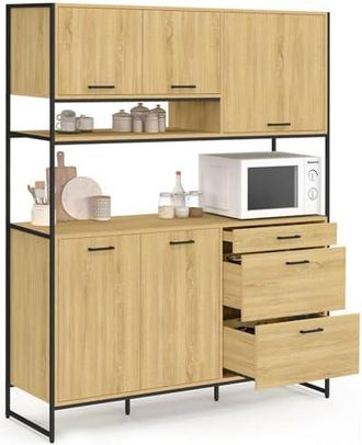IDMarket Buffet casserolier de Cuisine 140 cm Detroit 5 Portes + 3 tiroirs Design Industriel