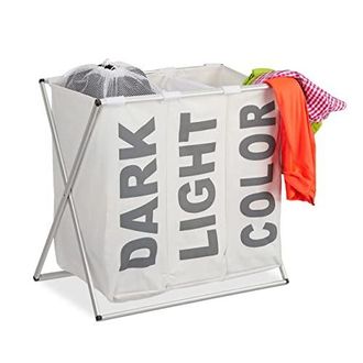 Relaxdays wei&szlig; 3er W&auml;schesortierer, Klappgestell, getrennter W&auml;schesack, 3 F&auml;cher, 90 Liter, XXL W&auml;schekorb, eckig, 10023948_49