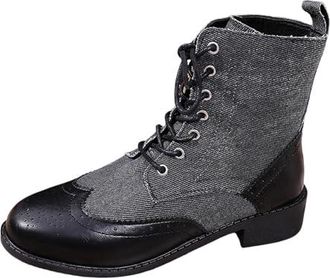 Generic Bottes &agrave; lacets d&eacute;contract&eacute;es en denim pour femme - &Eacute;l&eacute;gantes - Patchwork - Antid&eacute;rapantes - Classique - Talon bas et &eacute;pais - Confortables - Pour laut
