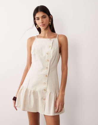 SNDYS Robe courte boutonn&eacute;e en lin et coton m&eacute;lang&eacute;s &agrave; encolure carr&eacute;e et ourlet volant&eacute; - Gr&egrave;ge-Blanc