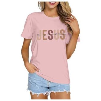 Generic T-shirt d&eacute;contract&eacute; pour femme avec col rond et imprim&eacute; lettres pour femme, haut &eacute;l&eacute;gant pour tout le monde pour la mode estivale, Rose, 3XL