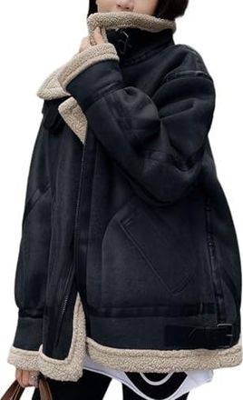 Minetom Blouson Aviateur Femme Hiver Veste En Polaire Chaude Manteau en Fausse Fourrure Blouson pour Motard B Noir L