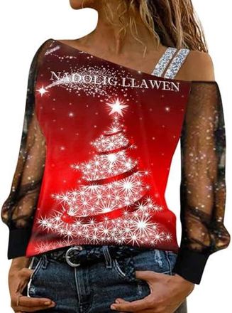 Generic Chemisier Noel Femme Chic Sexy Brillantes Paillettes Haut &Eacute;paules D&eacute;nud&eacute;es Imprim&eacute; Noel T-Shirt Femme Chic Et &eacute;l&eacute;gant Pull &Eacute;l&eacute;gant Blouse Loose Mode M
