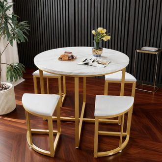 Generic 5-Zimmer-Tischset mit modernem Design - Wei&szlig;er MDF-Tisch mit Goldstruktur und 4 St&uuml;hlen f&uuml;r eine Elegante Atmosph&auml;re