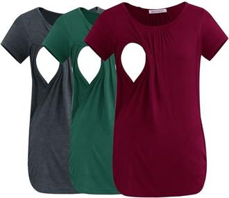 Smallshow Tee Shirt Allaitement Manches Courtes Tops Allaitement Femme Lot de 3,Deep Green-Deep Grey-Maroon,S