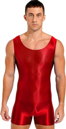 TiaoBug Herren ÖL Glanz Body Ärmellos/Kurzarm Bodysuit mit Bein Einteiler Kompression Unterwäsche Sport Trikot Leotard Burgundy F XL