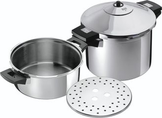 Kuhn Rikon Schnellkochtopf/Dampfkochtopf DUROMATIC Inox Set Seitengriffmodelle, induktion, Edelstahl, Silber, Set Topf 8L/24cm + Unterteil 4L/24cm