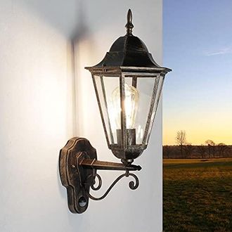 Licht-Erlebnisse Lampe ext&eacute;rieure avec d&eacute;tecteur de mouvement en verre et aluminium noir-cuivre IP44 pour jardin et cour L:20,3 cm E27 Lanterne ext&eacute;rieure Rustique App