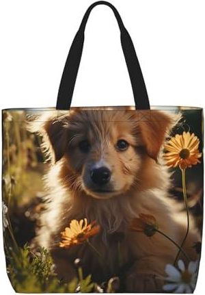 Generic Chiot Sur LHerbe Sac Fourre Tout D&eacute;contract&eacute; Tote Bag R&eacute;utilisable Sac &Agrave; Bandouli&egrave;re Pour Quotidienne Shopping Universit&eacute;