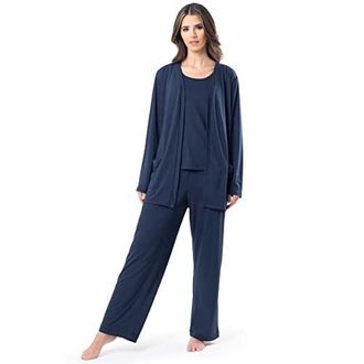 Fruit Of The Loom Womens Breathable Tank Top, Pant, and Cardigan Sleep Set, Midnight Blue, X-Large