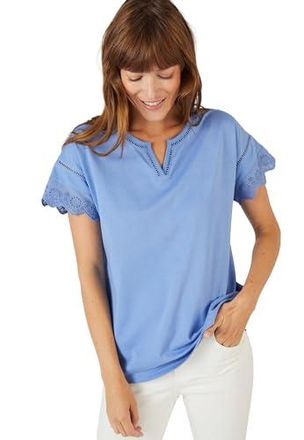 Damart Tee-Shirt avec Broderies Anglaises Pur Coton Biologique*, Manches Courtes, Femme, Col Tunisien, Bleu, Manche Courte